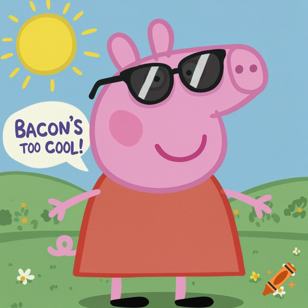 Peppa Pig wearing sunglasses with text "bacon's to cool" on Craiyon