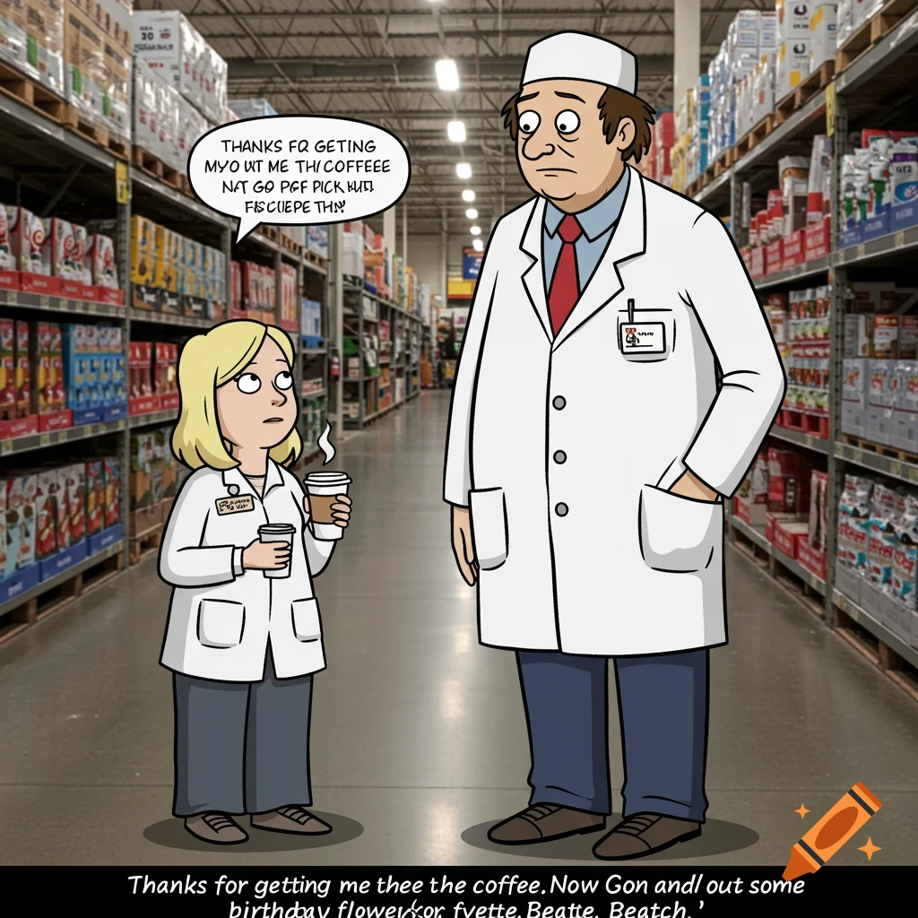 Cartoon of a short woman in a medical smock with coffee talking to a ...