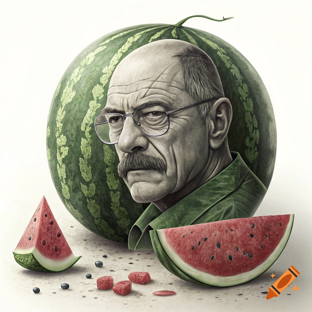 A depiction of Walter White's face on a large watermelon, with slices ...