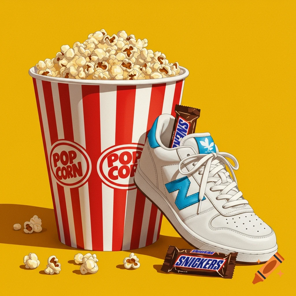 Popcorn bucket with running shoe and candy bar on Craiyon