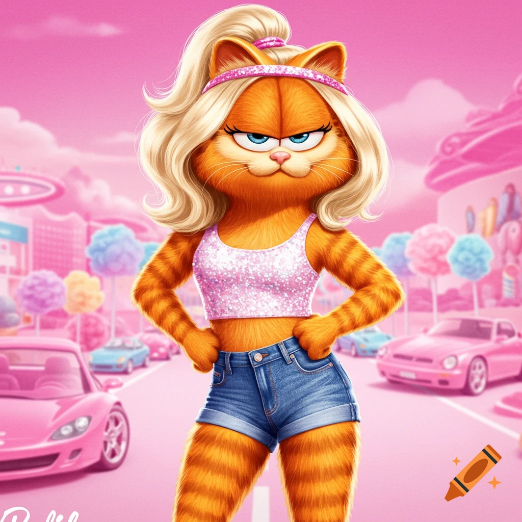 Garfield is dressed as Barbie in a pink city with cars. on Craiyon