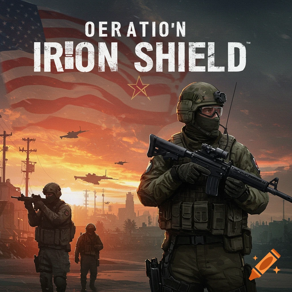 Operation Iron Shield game cover art featuring elite operators. on Craiyon