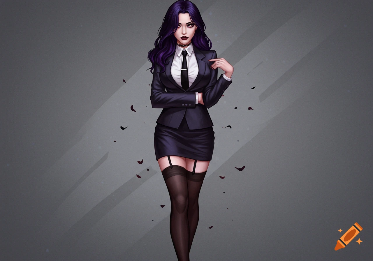 Woman with dark purple hair, black eyes, OL style clothing, heels ...