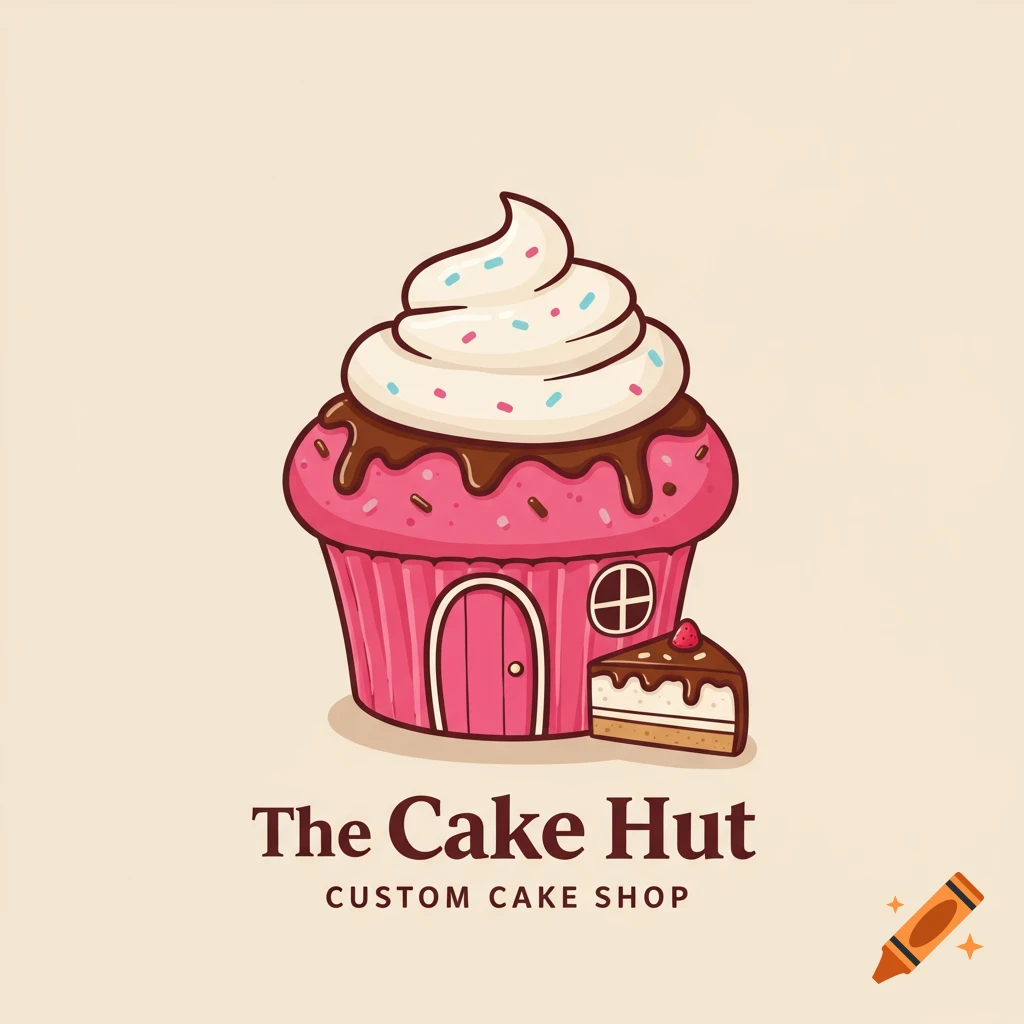 The Cake Hut logo with cupcake hut and cake slice awning on Craiyon