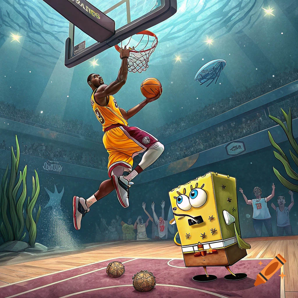 LeBron James dunks on Spongebob Squarepants in an underwater basketball ...