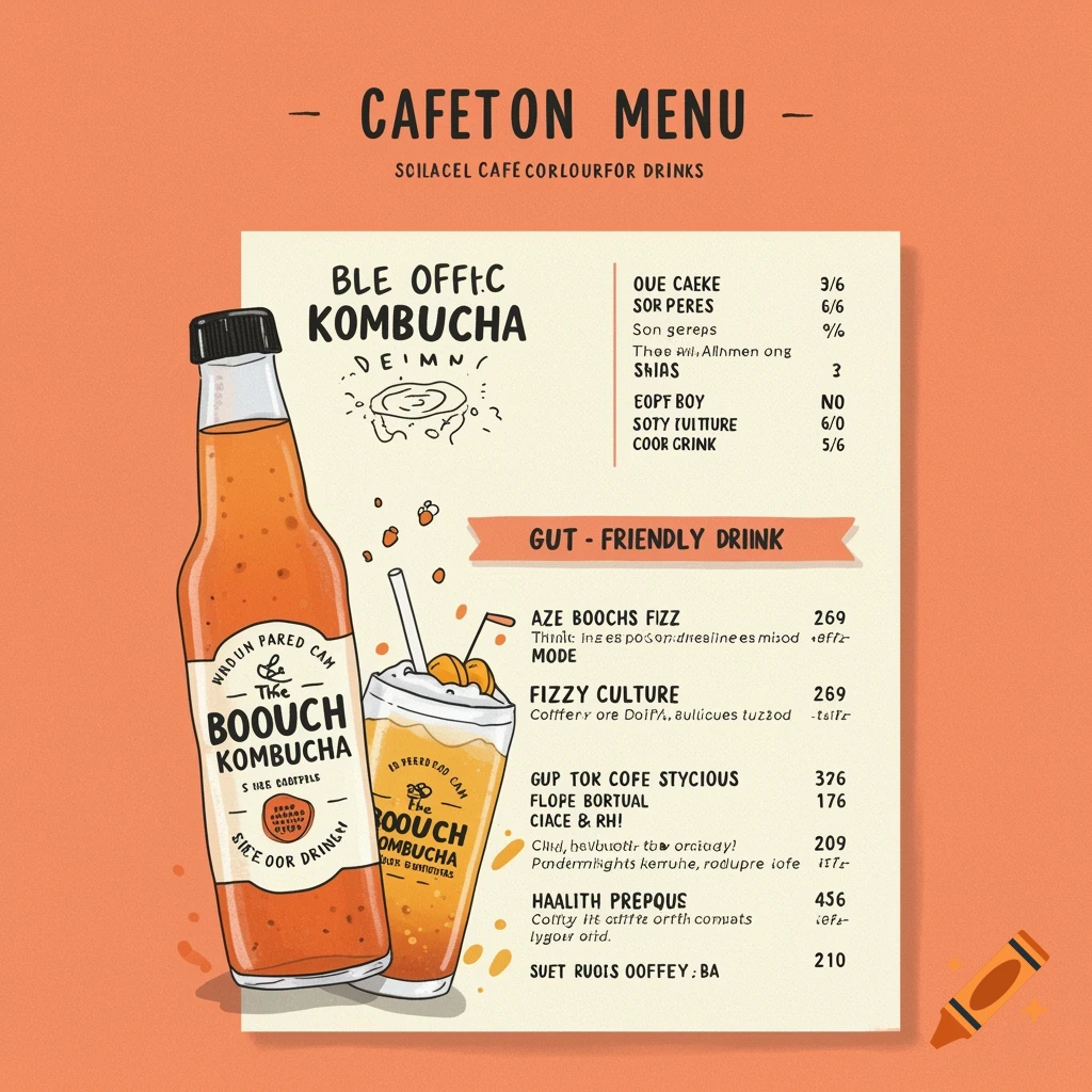 Menu design for kombucha at The Booch Bar on Craiyon
