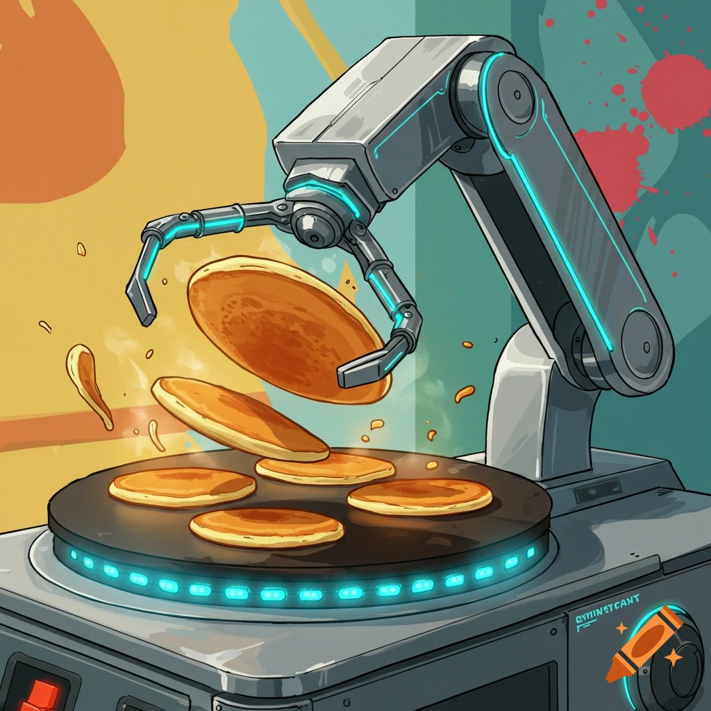 A robot arm flipping pancakes in a kitchen on Craiyon