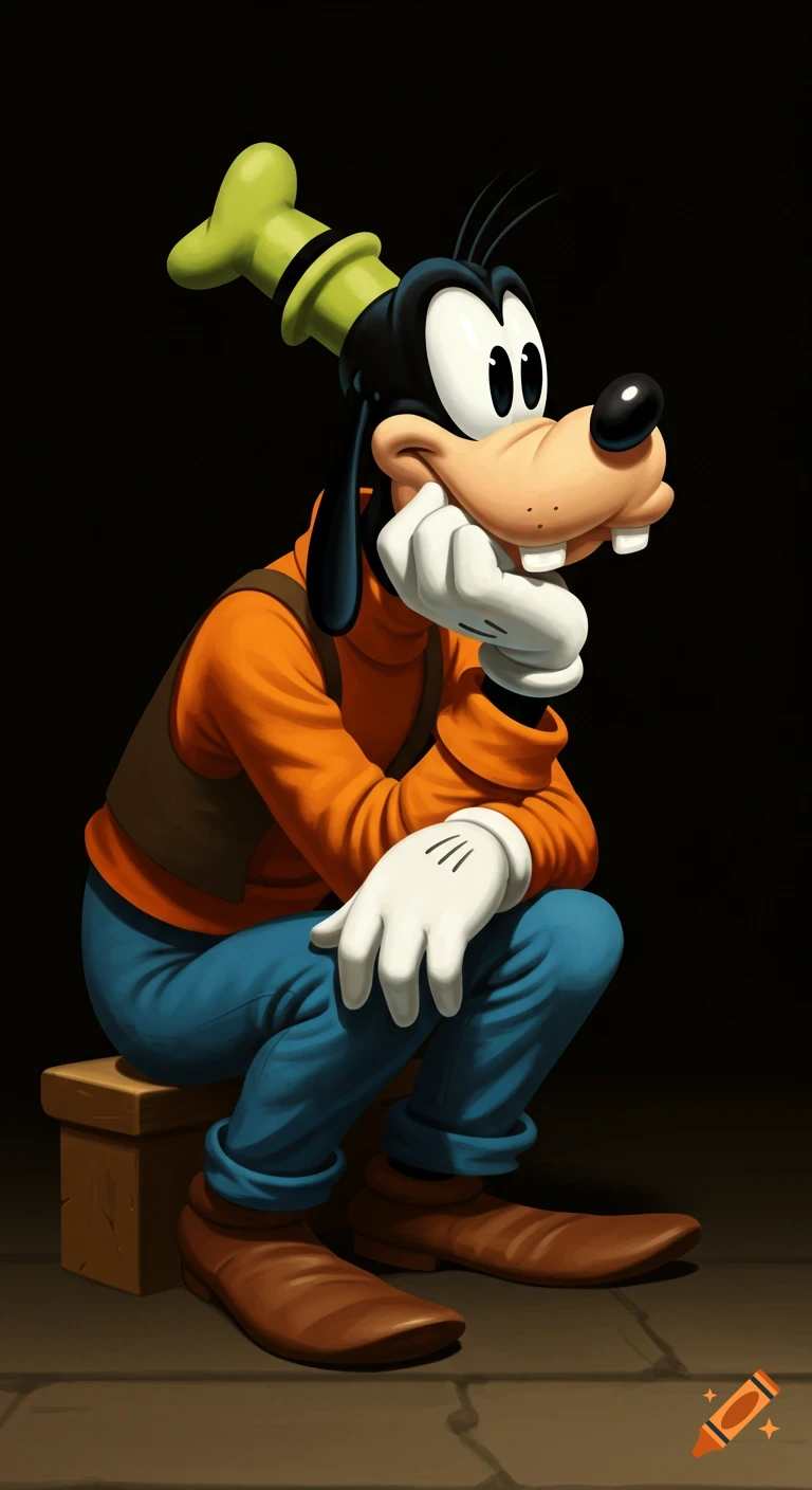 Cartoon Goofy in the Thinker pose, Caravaggio style on Craiyon