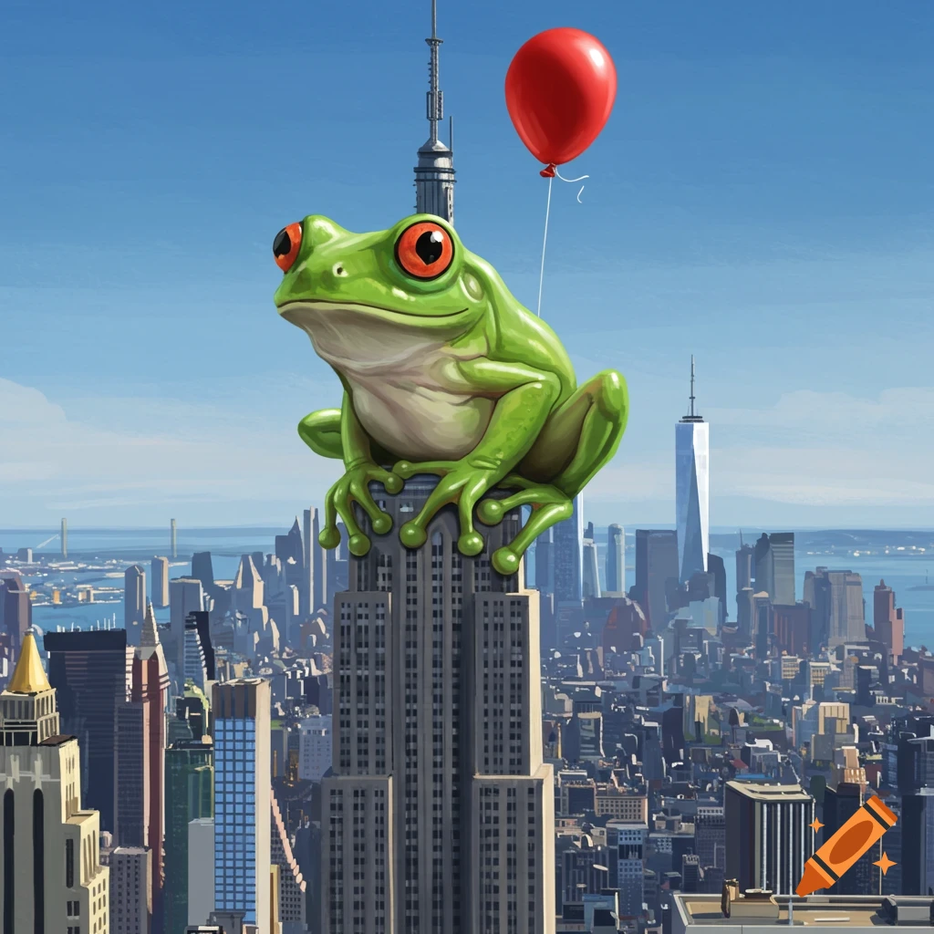 Frog with balloon hat on Empire State Building on Craiyon