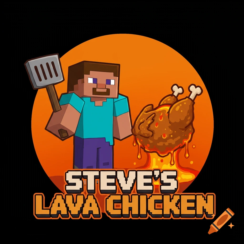 Minecraft character Steve holding a spatula next to a lava chicken ...