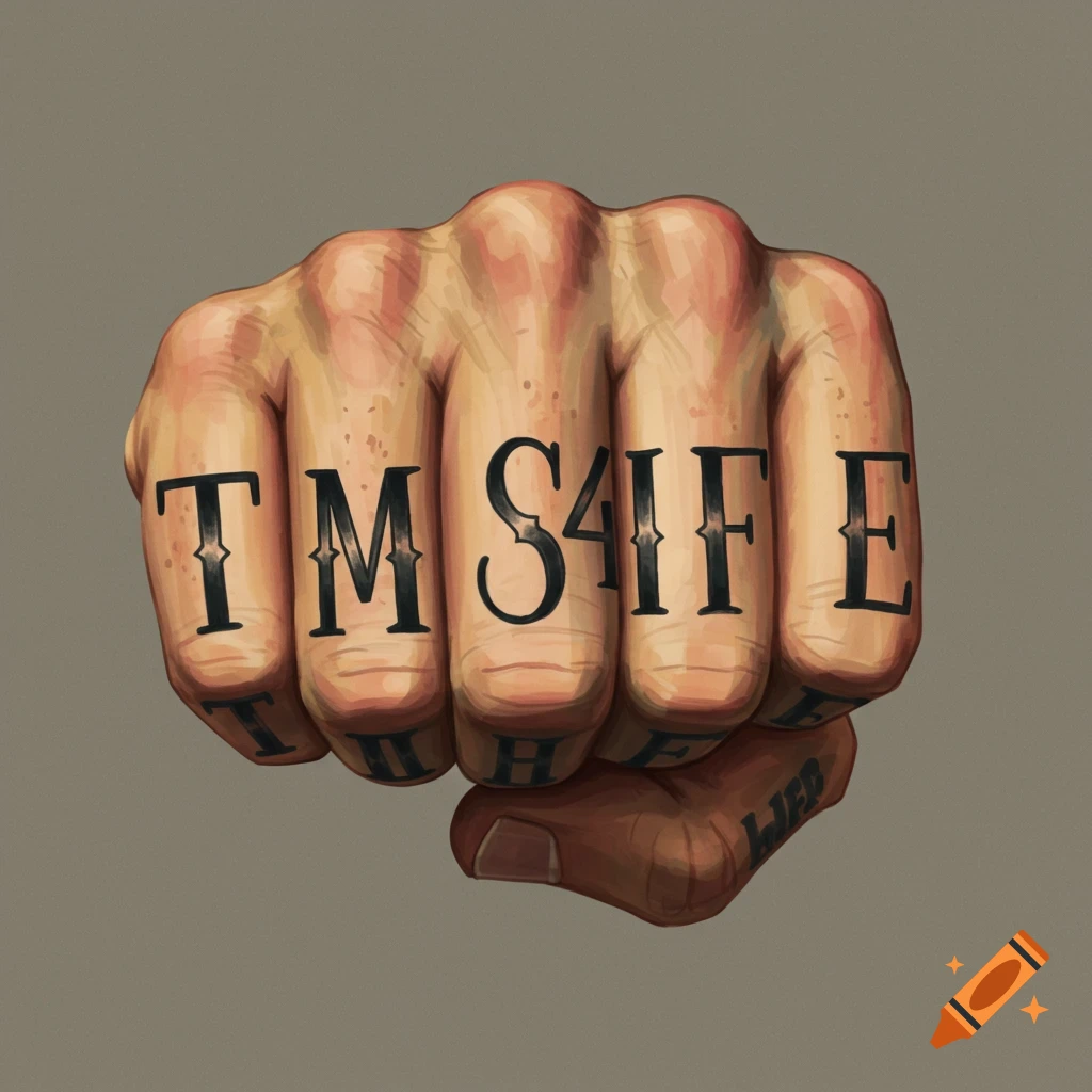 Tattoo with the words TMS4 and LIFE on knuckles on Craiyon
