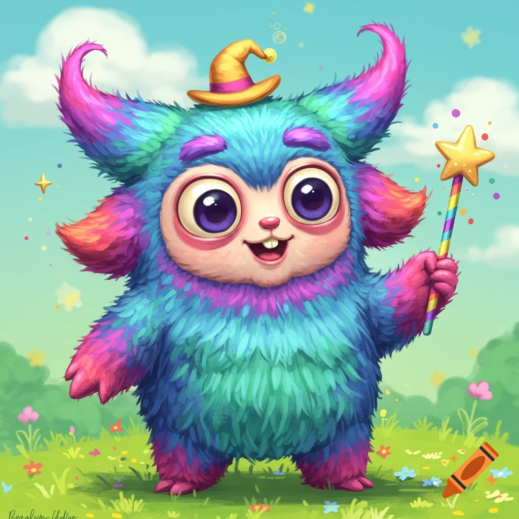 A vibrant blue and pink fluffy monster with horns stands in a colorful ...