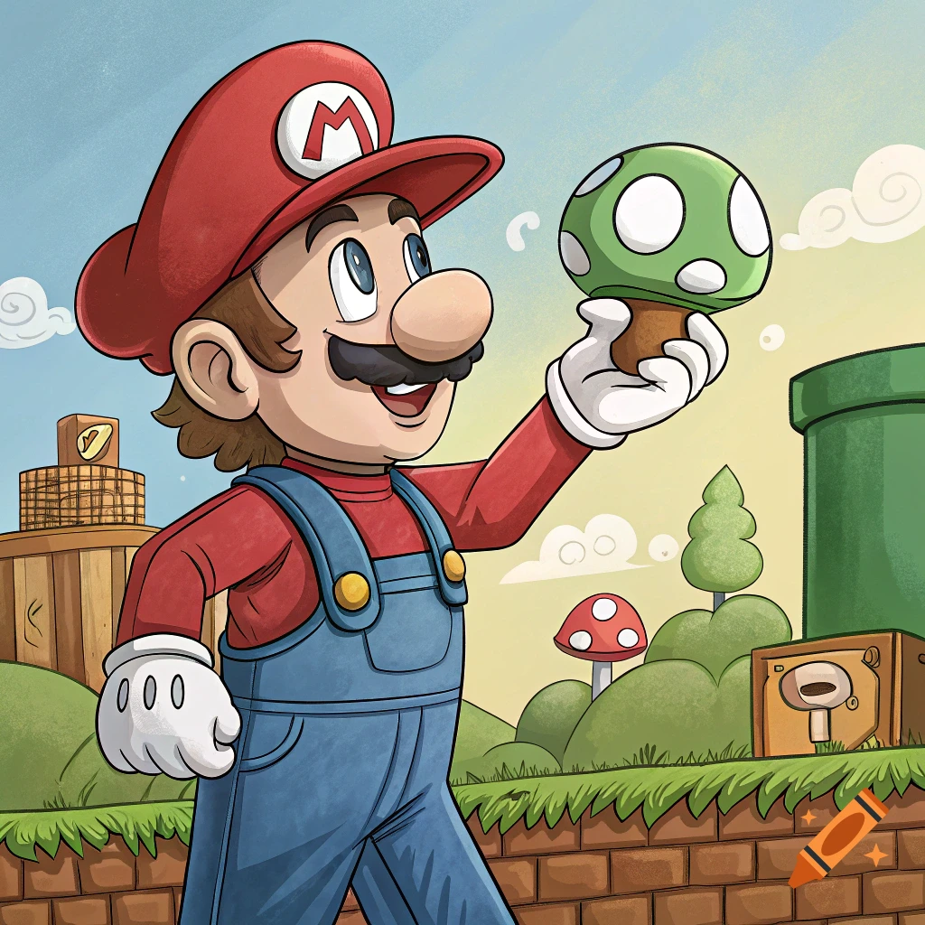 Cartoon illustration of Mario running and shooting a flamethrower at enemies in a Super Mario ...