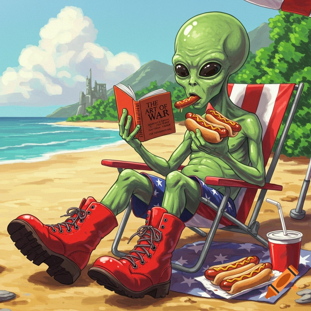 Patriotic alien in red boots on vacation reading The Art of War while ...