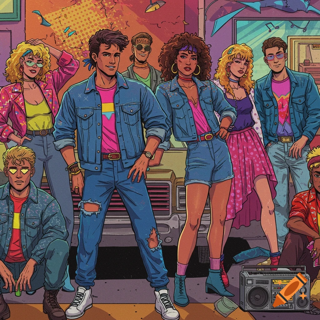 Illustration of a group of people in 1980s fashion with a car and ...
