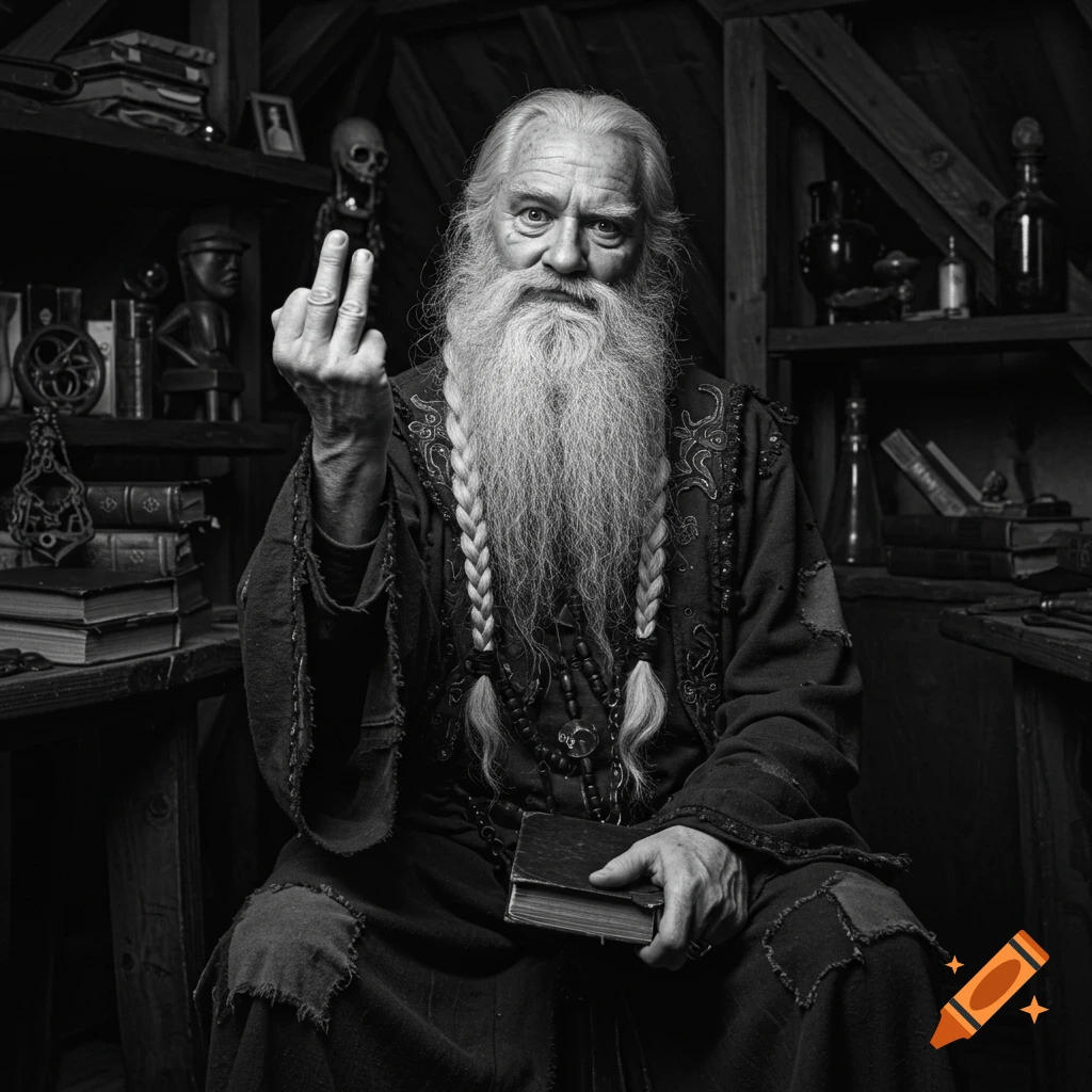 Black and white photo of an old wizard flipping the bird on Craiyon