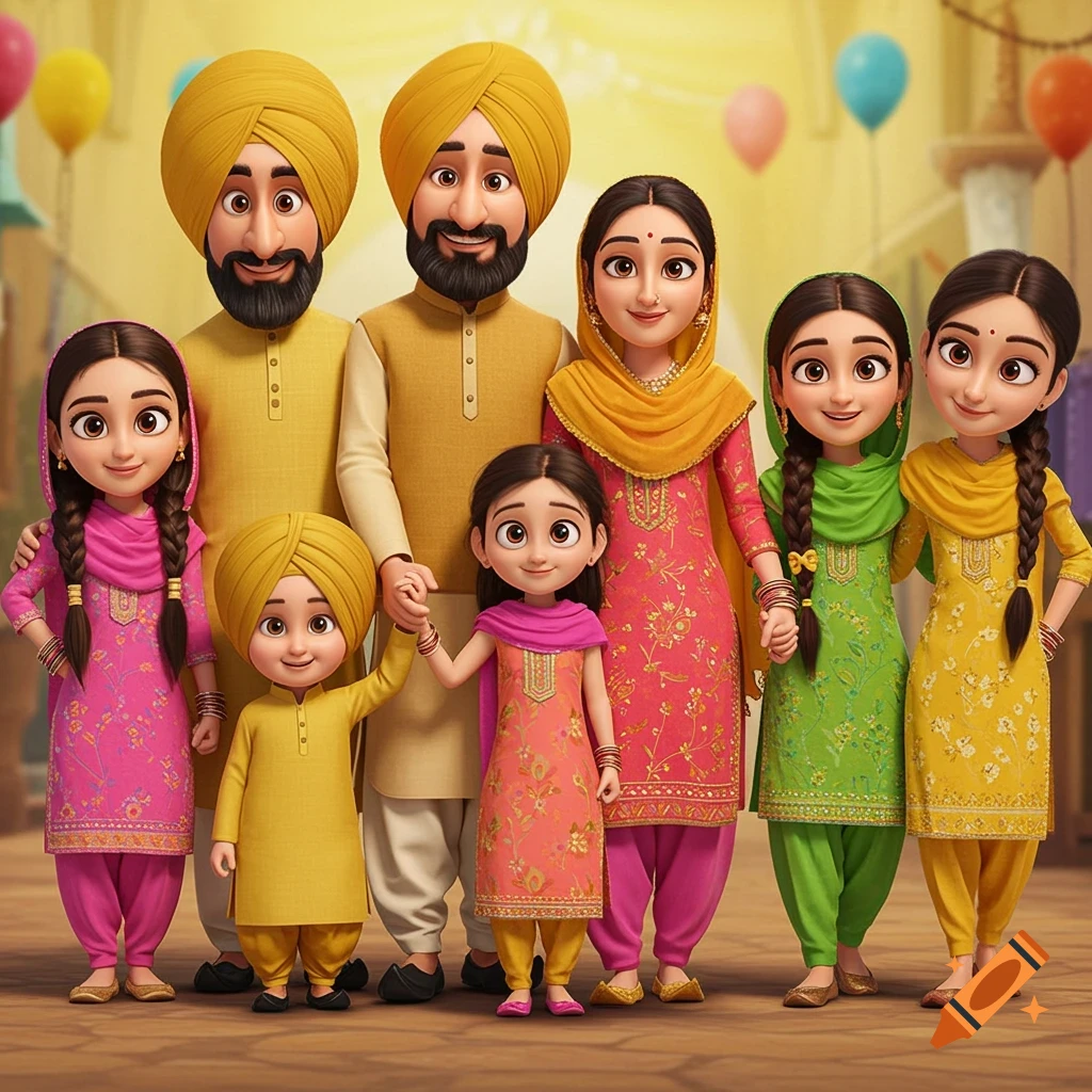 Indian Punjabi family of seven in Despicable Me style on Craiyon