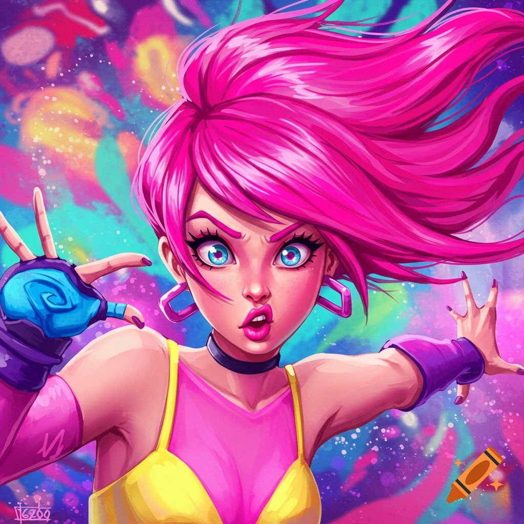 A cartoon character with bright pink hair and blue eyes against a ...