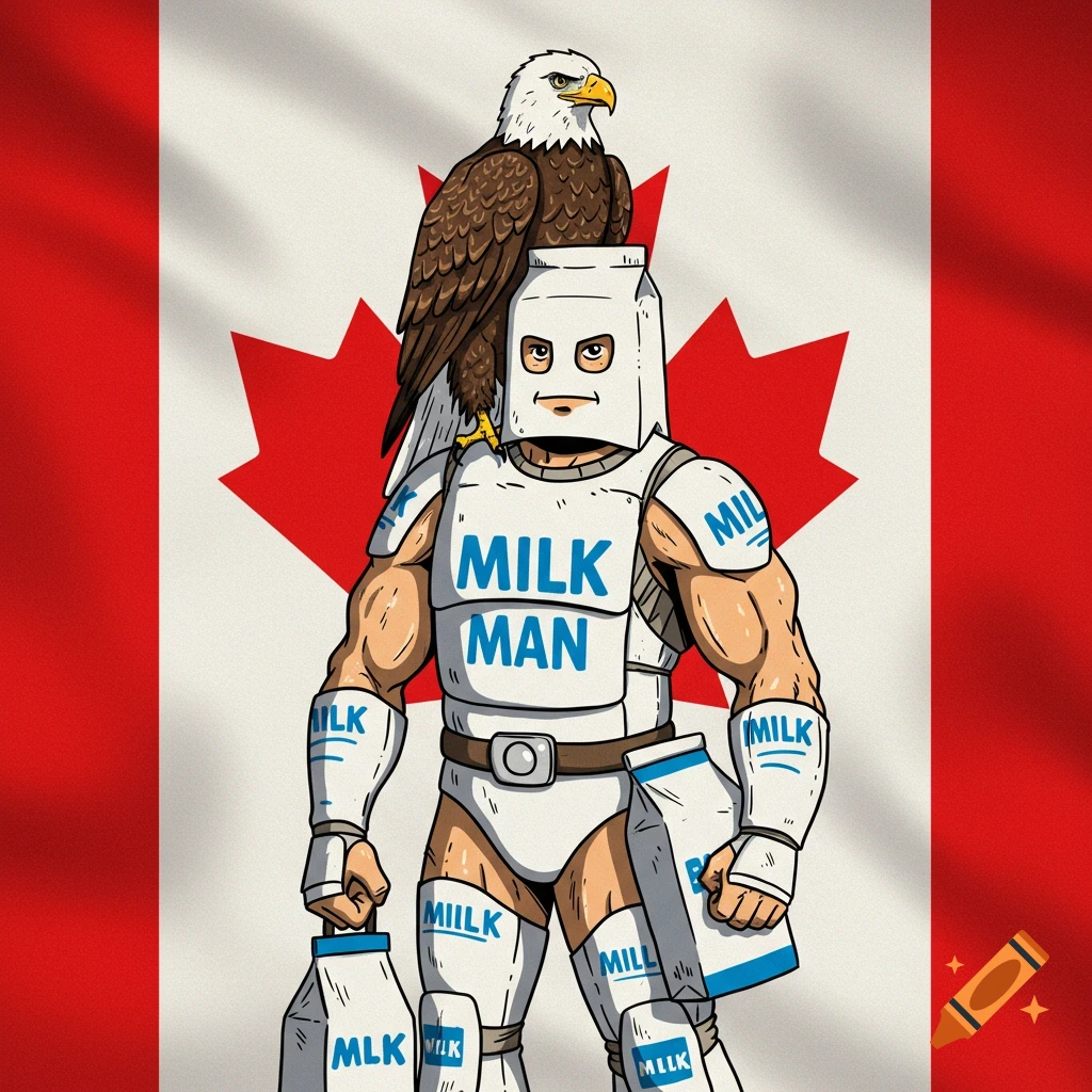 Milk bag man with Canadian flag and milk bag bald eagle on Craiyon