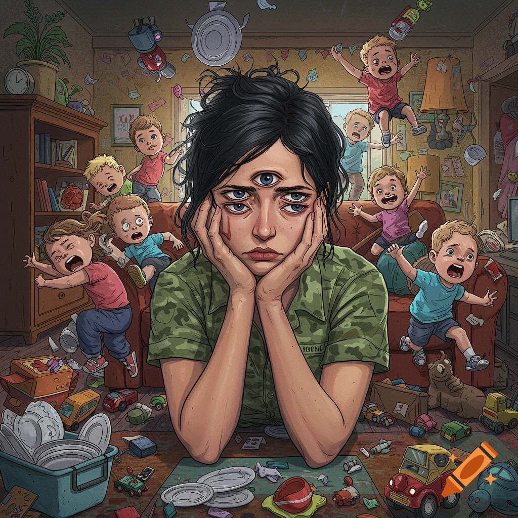 Depressed three-eyed military wife with eight children on Craiyon