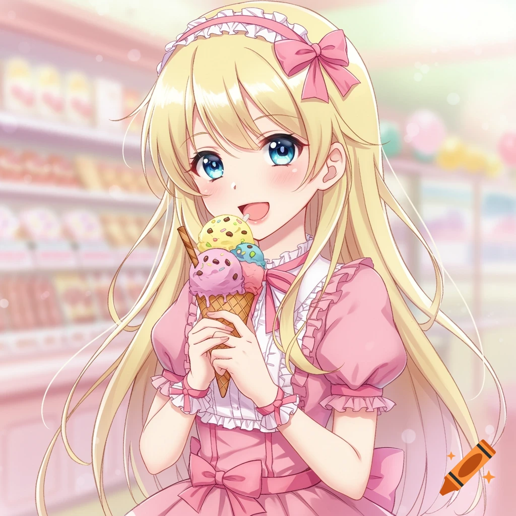 Anime girl with neapolitan ice cream blonde hair, blue eyes, and pink ...