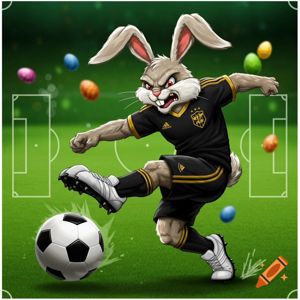 Easter bunny kicking a soccer ball in a black, gold, and white uniform ...