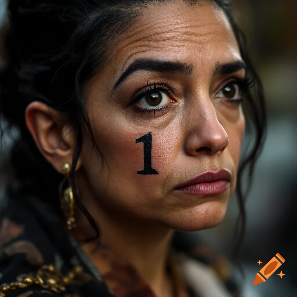 Sad AOC with 'old English 1' face tattoo on Craiyon