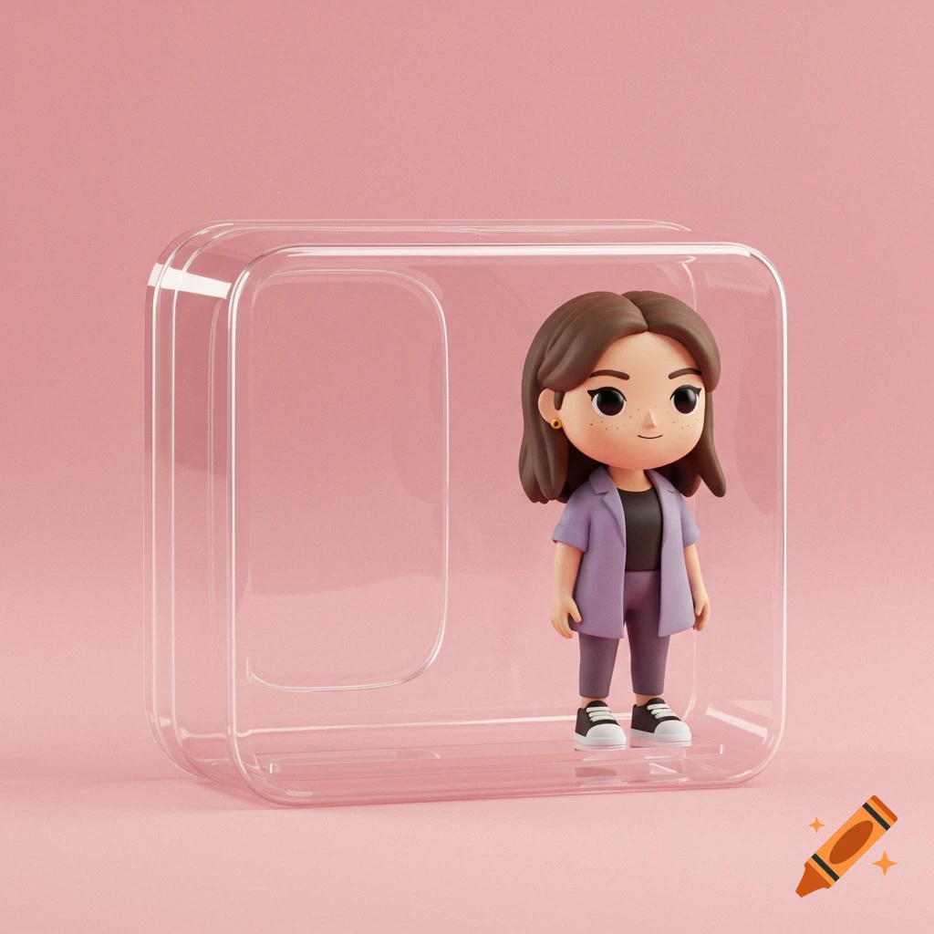 A 3D rendered cartoon figurine inside a clear plastic box on a pink ...