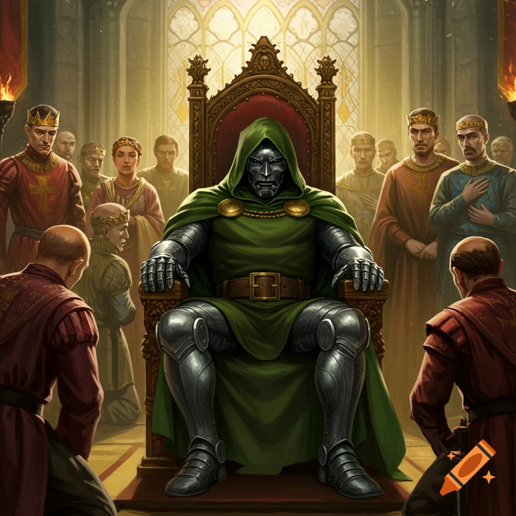 Dr. Doom in metallic armor and a green cloak, holding a lightning ...