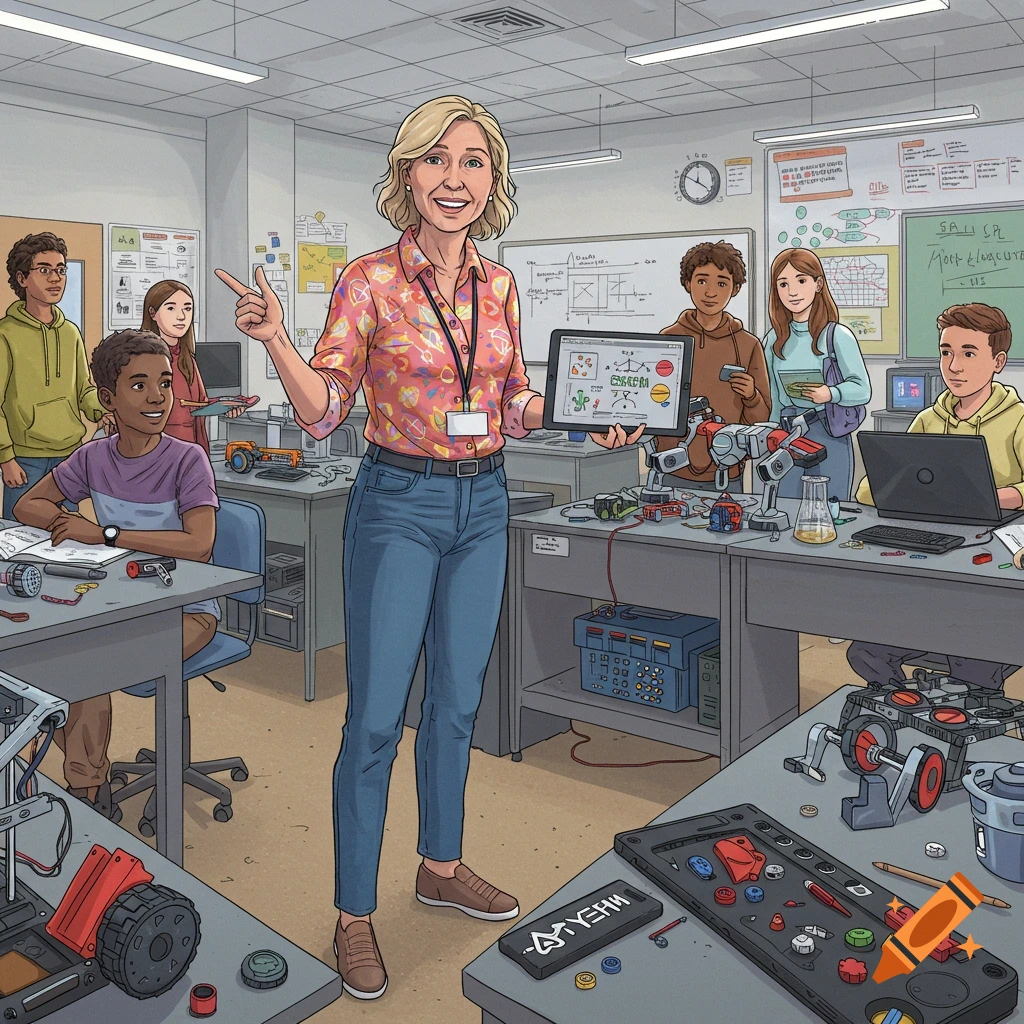 Illustrative scene of a female STEM coordinator teaching students in a ...