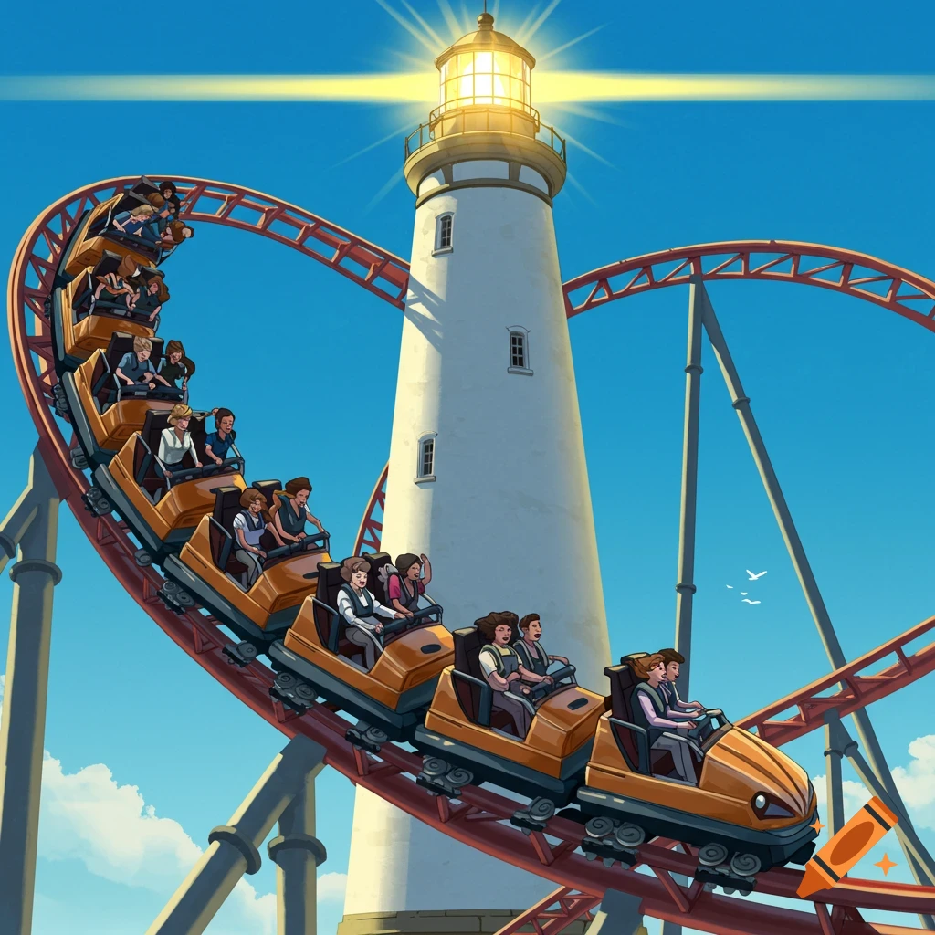 Roller coaster around a lighthouse on Craiyon