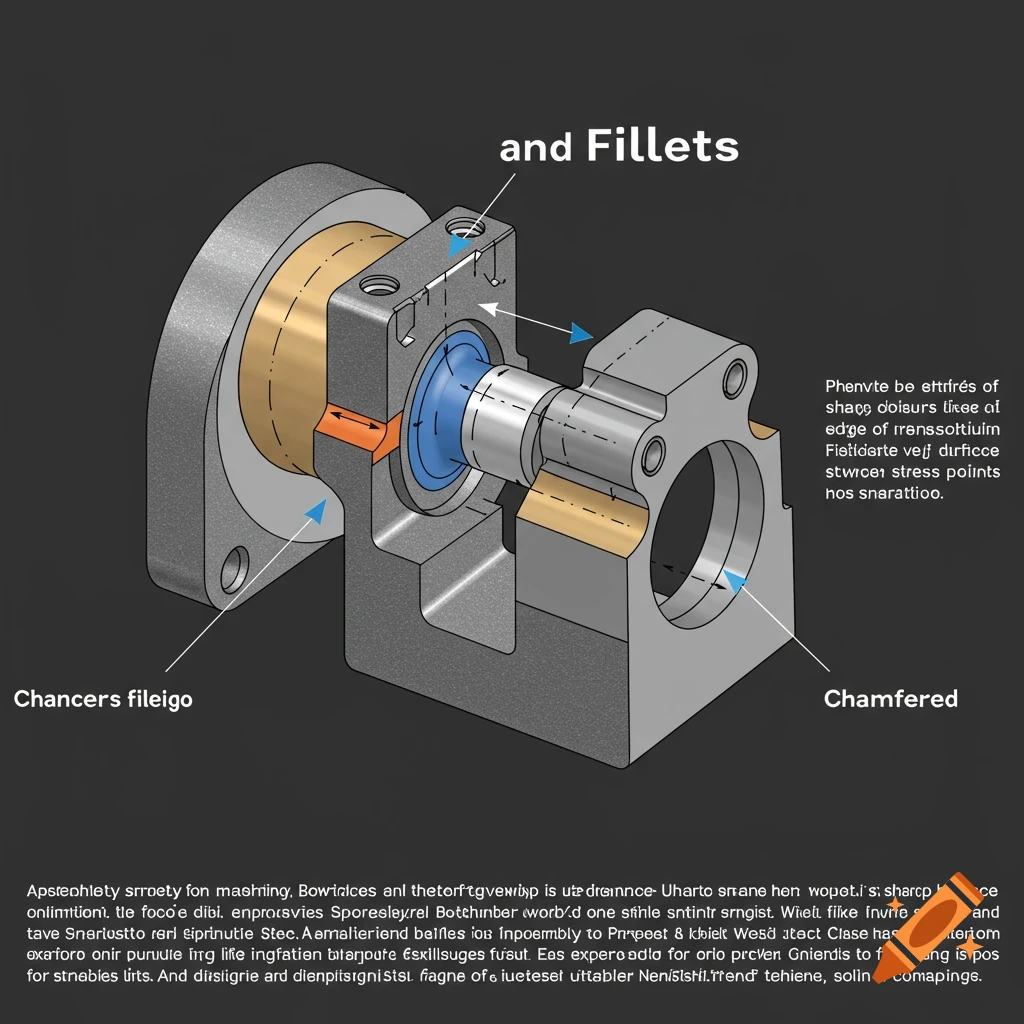 Machined metal parts showcasing chamfers and fillets on Craiyon