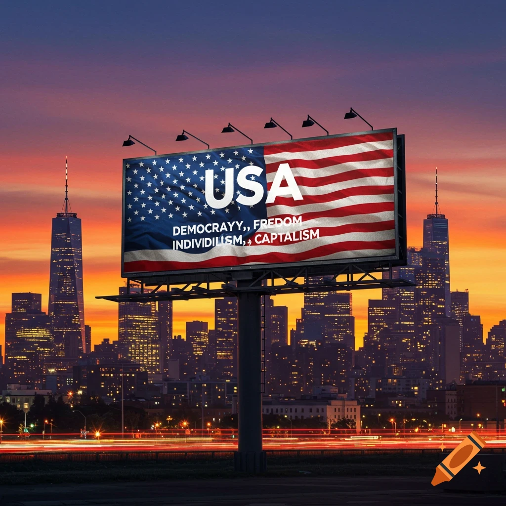 Billboard promoting democracy, freedom, individualism, and capitalism ...