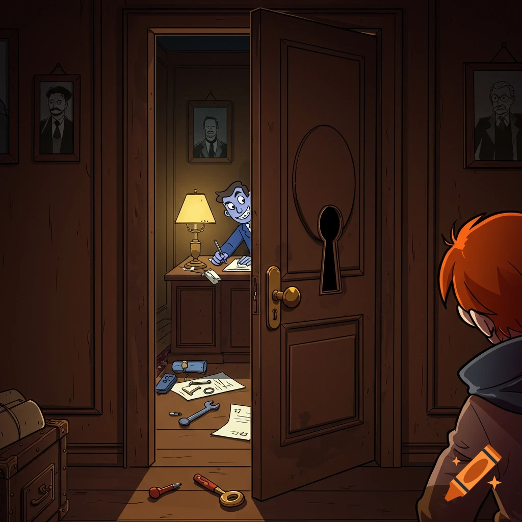 Cartoon of someone working in secret with another person peering in. on ...