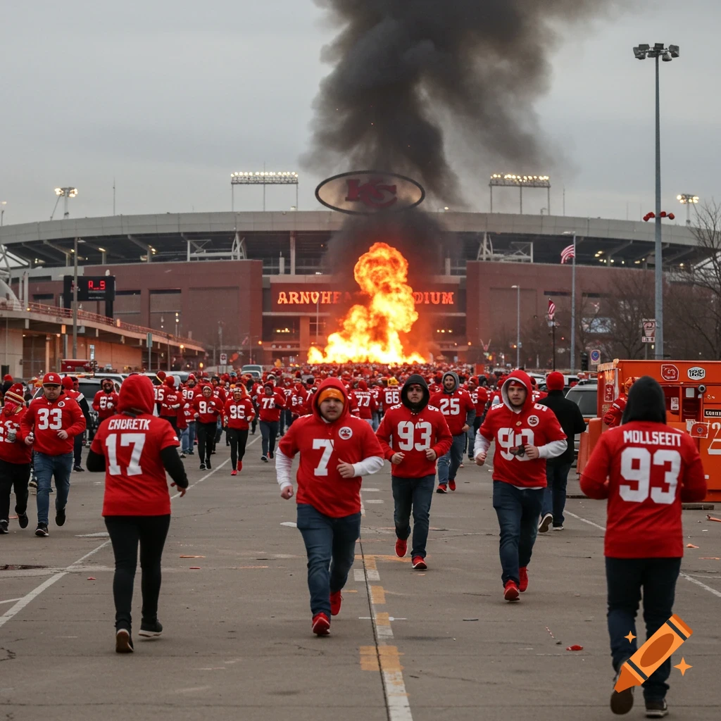 Kansas City Chiefs fans fleeing a fireball outside Arrowhead Stadium ...