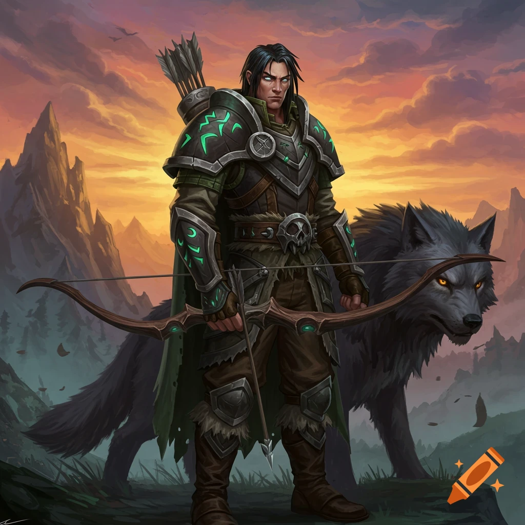 Fantasy hunter with a fox pet stands in a forest. on Craiyon