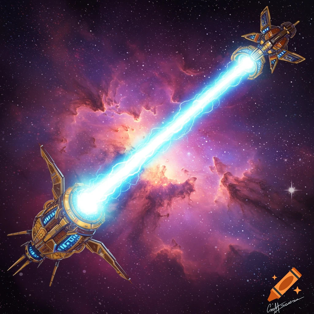 Two spaceships in space, one firing a blue laser beam at the other ...