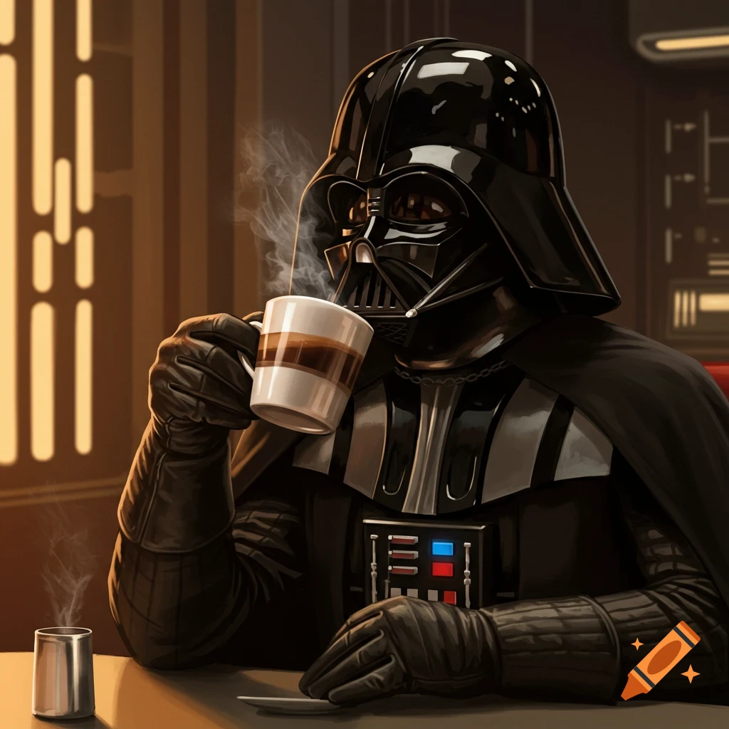Darth Vader sitting at a table and drinking a cup of coffee, with steam ...