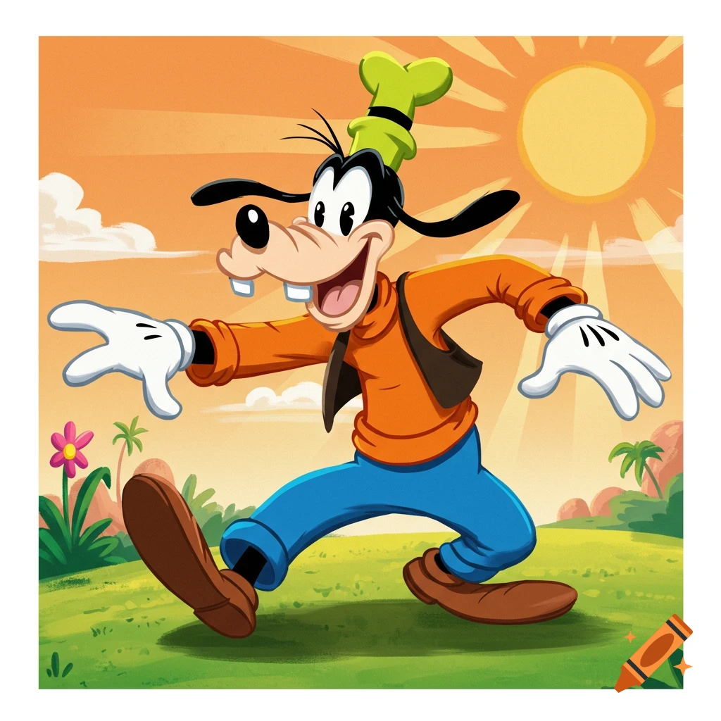 A smiling cartoon Goofy character sits in a vibrant green field under a ...
