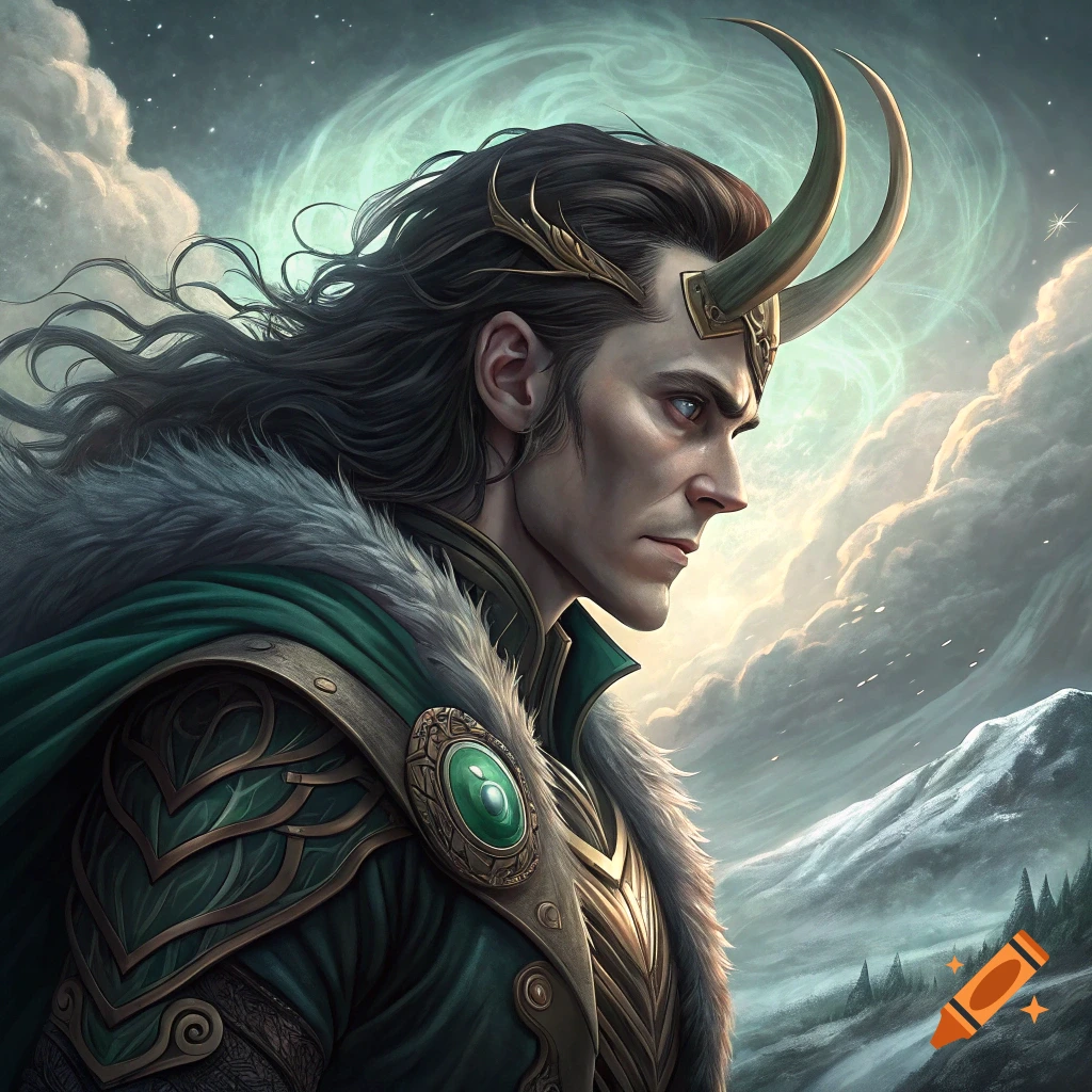 A detailed illustration of Loki wearing a horned helmet and green cape ...
