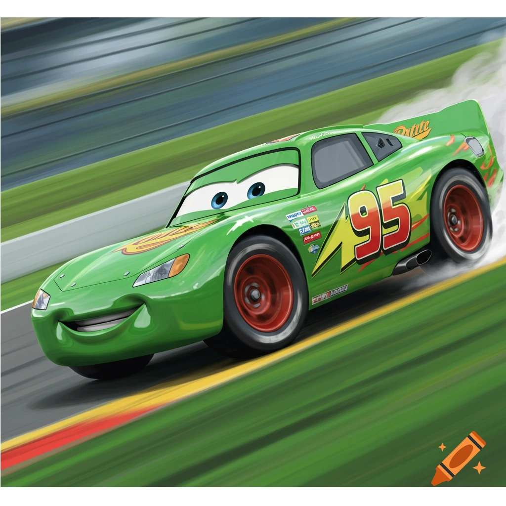 A green cartoon race car resembling Lightning McQueen speeds on a track ...