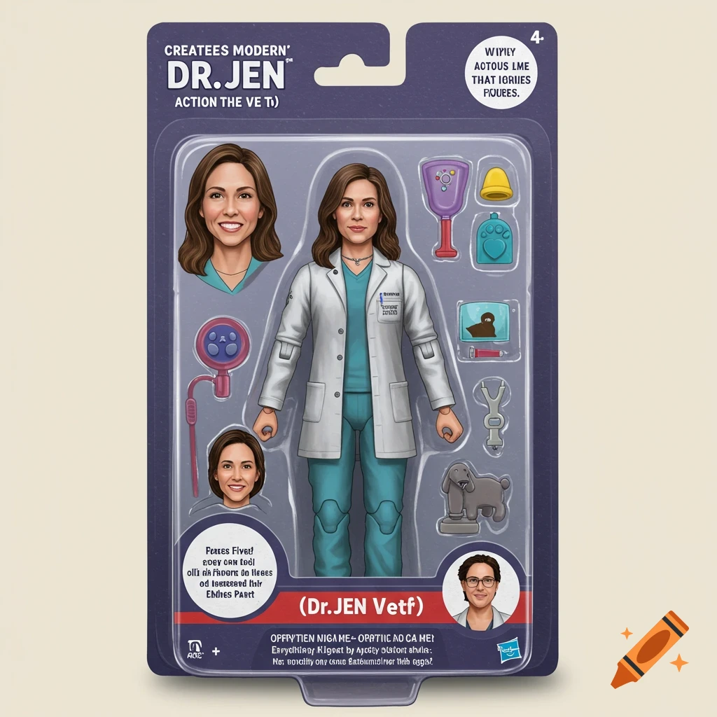 Action figure of Dr. Jen the vet in original packaging on Craiyon