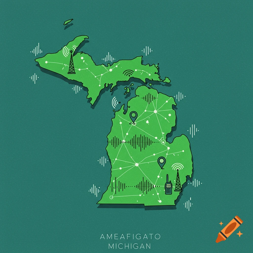 Illustrated map of the state of Michigan with radio towers and network ...