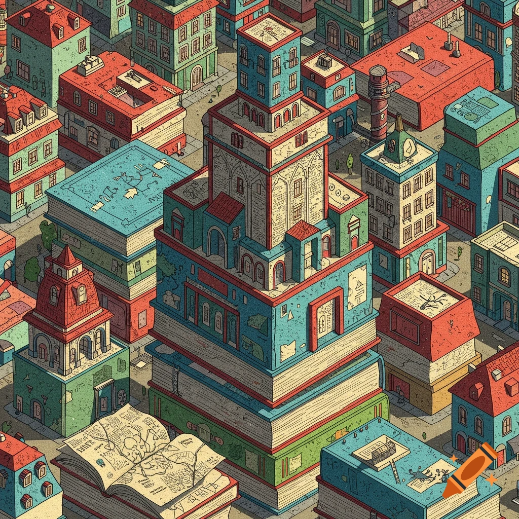 Tall building overlooking urban landscape in comic book style with ...