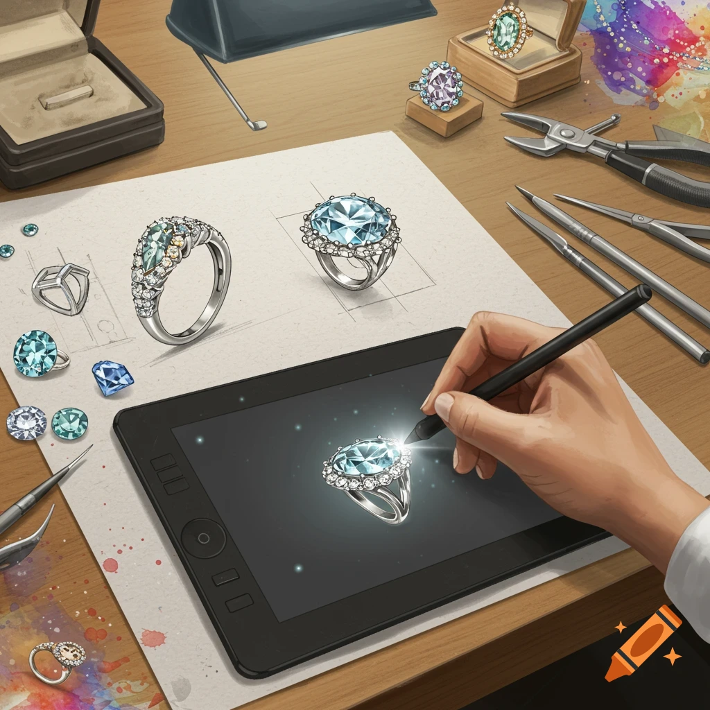 A hand drawing jewelry designs on a tablet, surrounded by sketches ...