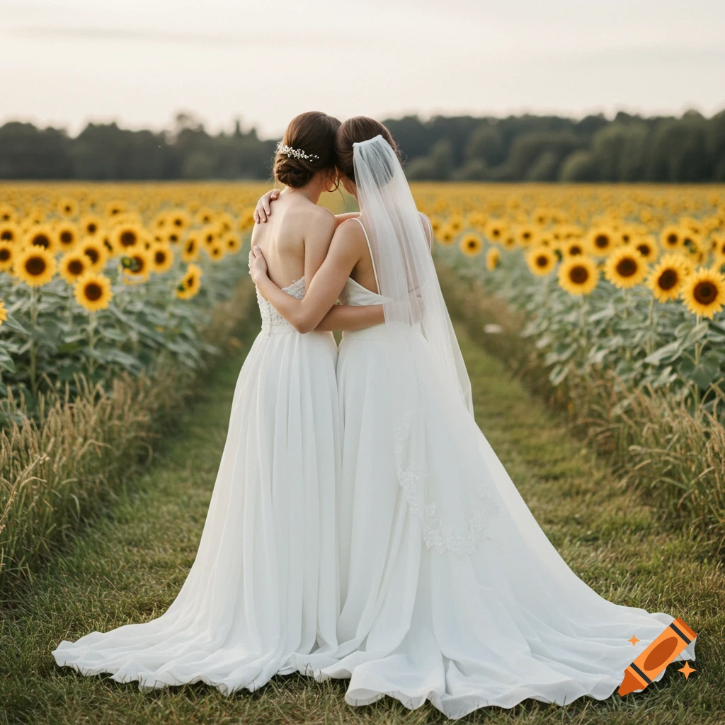 Two brides hugging in a field of sunflowers, seen from behind. Photorealistic. on Craiyon