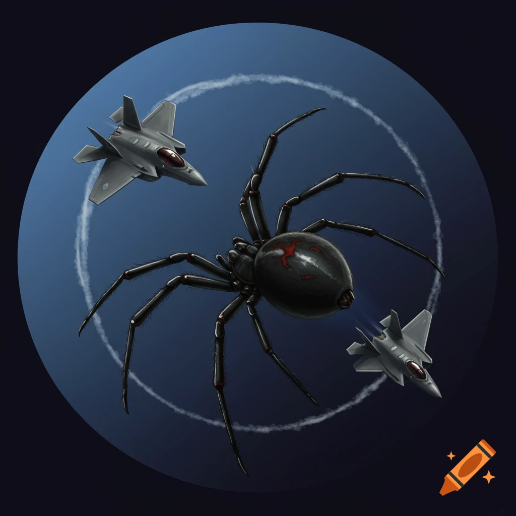 A black widow spider with two grey jets flying in a circle around it on ...