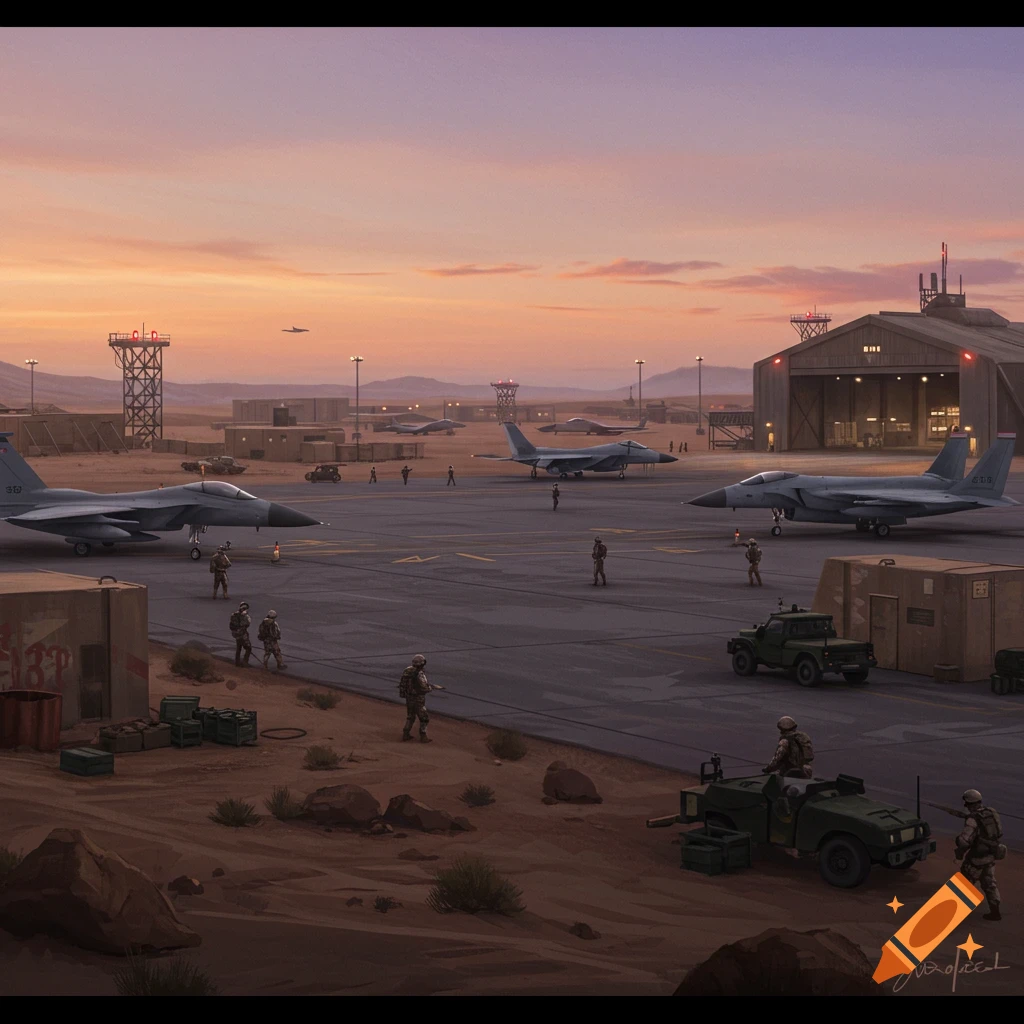 Illustration of a military base in a desert with soldiers, vehicles ...