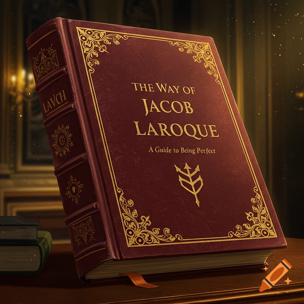 Ornate red book titled The Way of Jacob Larocque on a table on Craiyon