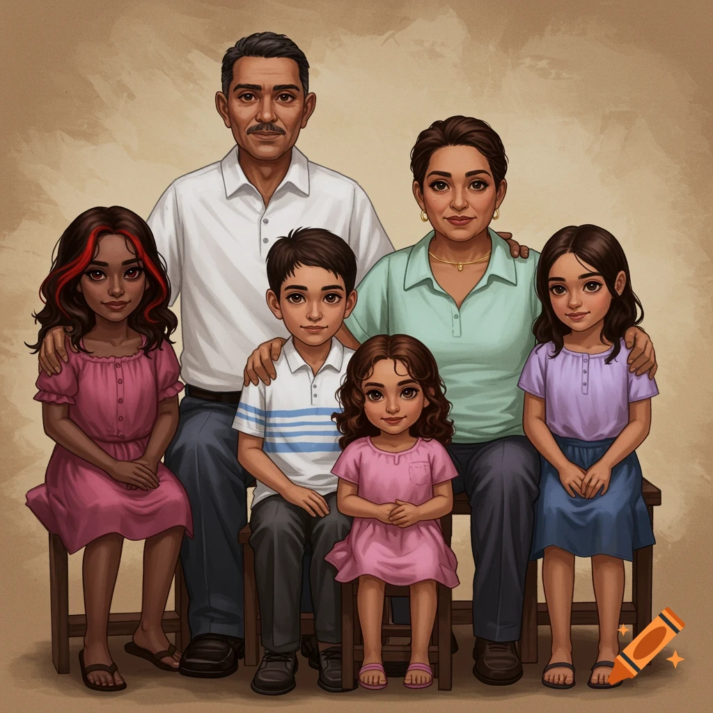 A family portrait featuring parents, a son, and three daughters. on Craiyon